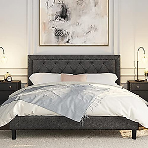 Yaheetech Queen Size Upholstered Bed Frame with Tufted Headboard, Platform Bed Frame with Sturdy Wood Slat Support and Fabric Mattress Foundation, No Box Spring Needed, Dark Grey