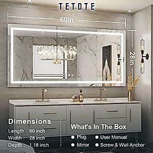 TETOTE LED Bathroom Mirror LED Mirror 60 x 28 Bathroom Mirror with Lights Bedroom LED Vanity Mirror Makeup Mirror Dimmable Anti-Fog Wall Mounted Birthday Gift Room Decor