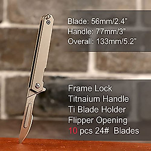Samior S08 Mini Slim Flipper Folding Scalpel Neck Knife with 10pcs #24 Blades, Titanium Handle with Frame Lock, Utility EDC Keychain Pocket Knives with Leather Sheath