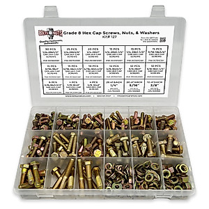 Grade 8 Hex Cap Bolts Screws, Nuts, Washers, Lock Washers Assortment Kit - 380 Pieces!