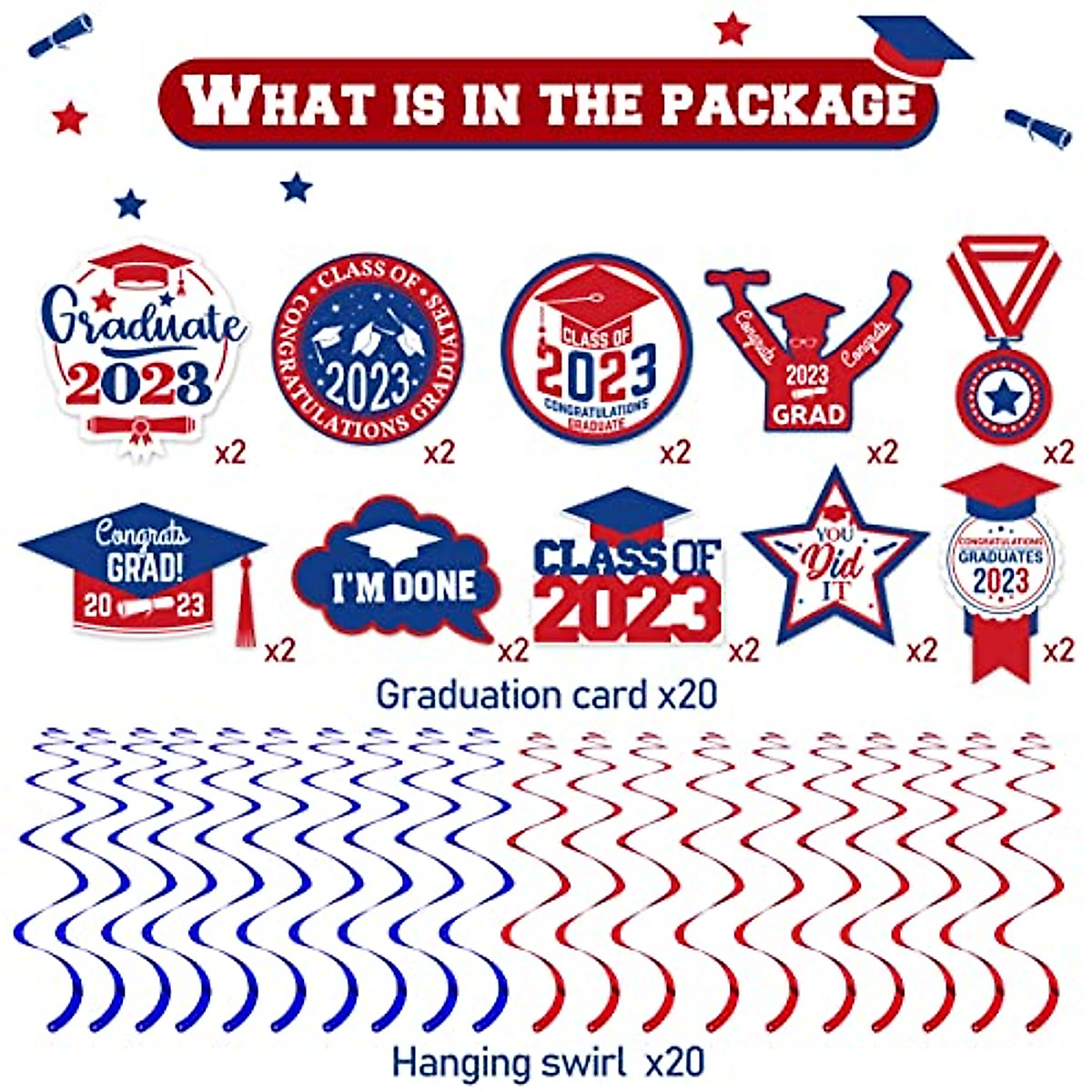 40 PCS Graduation Hanging Swirls Decorations Red White Blue Class of 2023 Graduation Party Supplies Congrats Grad Foil Ceiling Swirls Streamers for Congratulation Graduation Party Favors
