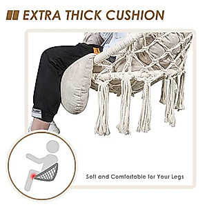 Hammock Chair with Cushion, Handmade Macrame Swing Chair with Hanging Hardware Kits, Bohemian Style Cotton Rope, Hanging Chair for Indoor Outdoor, Bedroom, Living Room, Patio -330lbs Capacity