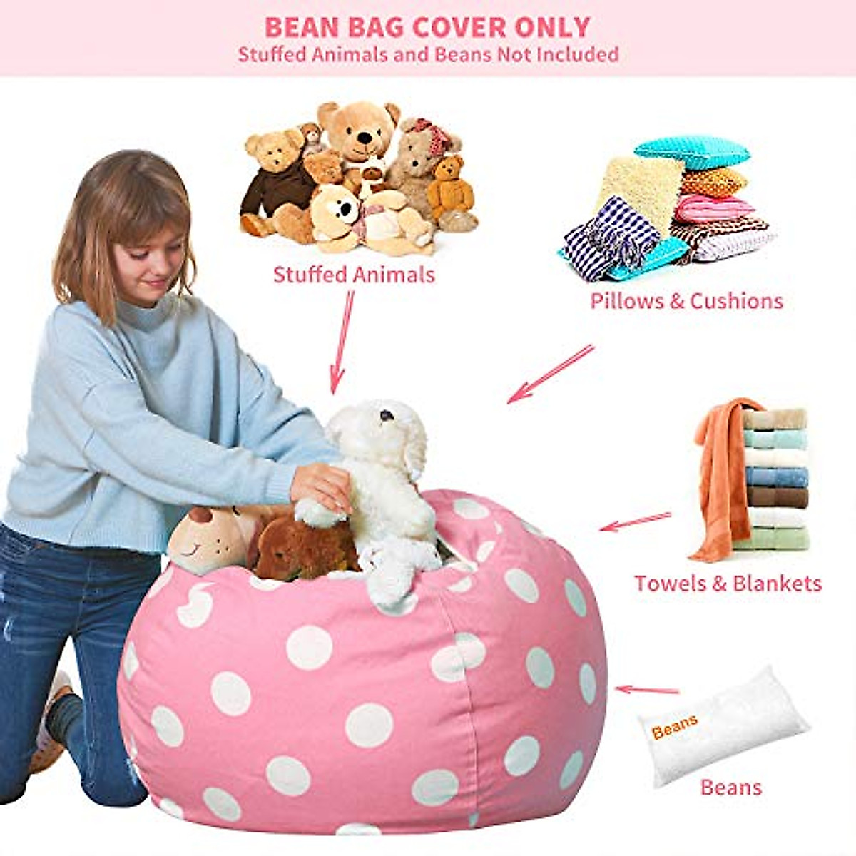 Aubliss Stuffed Animal Bean Bag Storage Chair (Light Pink Dot, Medium (32''))
