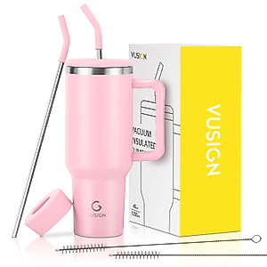 VUSIGN 40 oz Tumbler with Handle and Straw Lid, Stainless Steel Vacuum Insulated Tumbler Travel Mug Water Bottle Cup for Water Iced Tea Coffee Smoothie Car, Blush
