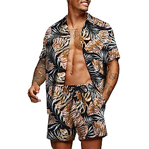 COOFANDY Men's Floral Pattern 2 Piece Summer Beach Short Sleeve Tracksuits