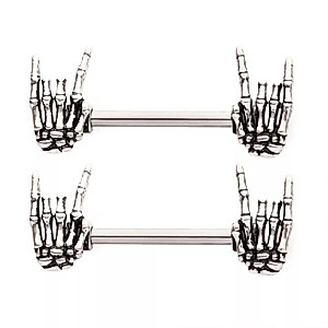 Pierced Owl 14GA 316L Stainless Steel Skeleton Hand Nipple Barbells, Sold as a Pair