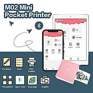 Phomemo M02 Mini Bluetooth Label Maker with 1 White/Clear/Silver Glitter Sticker Paper, Pink