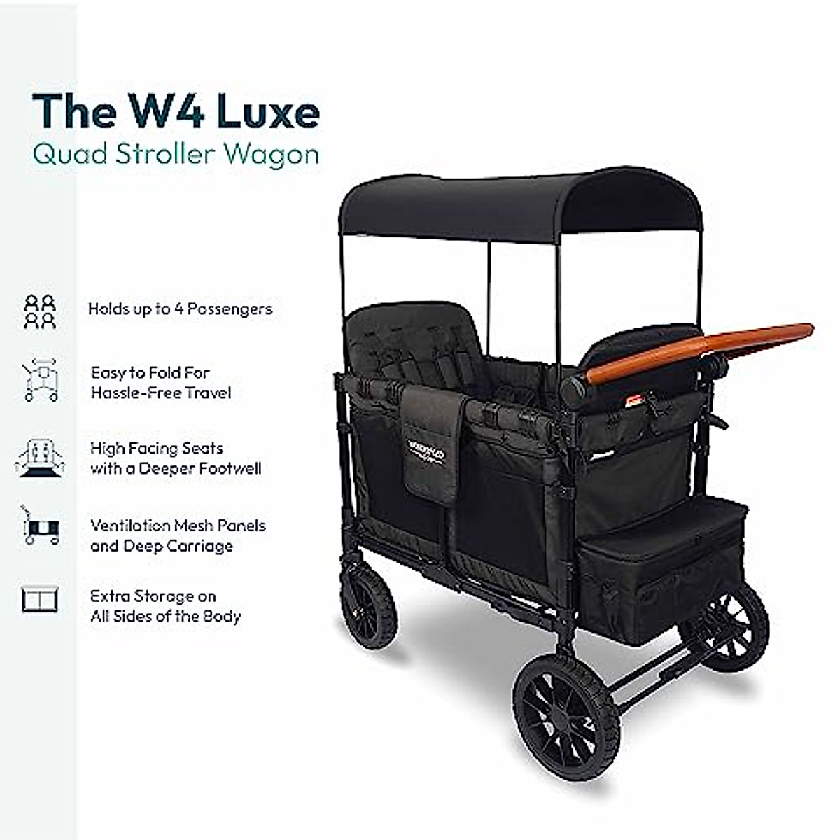 WONDERFOLD W4 Luxe Quad Stroller Wagon Featuring 4 High Face-to-Face Seats with Magnetic Buckle 5-Point Harnesses and Adjustable/Removable UV-Protection Canopy, Black