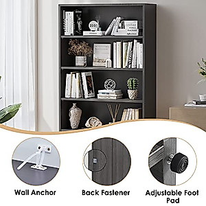 STARY 5 Shelf Bookcase Carbon Black Tall Bookshelf for Bedroom 5 Tier Modern Wood Bookshelf 33" Wide 60" Tall