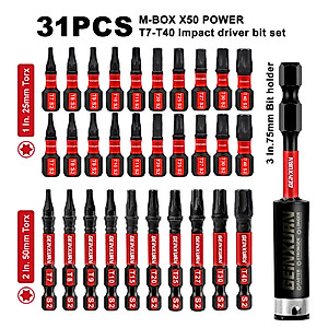 Geinxurn 30 Pieces (T7-T40) Impact Screwdriver Bit Set, Magnetic Multi-Torx Head Power Bits,S2 Alloy Steel Star Bits with 1 Pc Impact Bit Holder and Storage M-Box