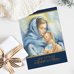 Masterpiece Religious Madonna And Child Christmas Cards / 16 Boxed Christian Holiday Card Set With Gold Foil Accents And Foil Lined Envelopes / Mary Jesus Holy Family Cards / 5 5/8" x 7 7/8" Folded Greeting Cards With Inside Verse