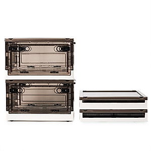 EZOWare 25 Quart Stackable Lidded Plastic Storage Bin with 3 Ways Opening and Wheels, 4 Pack Foldable Organizer Cube Container with Latch Lid for Bedroom, Closet, Home White & Clear Black