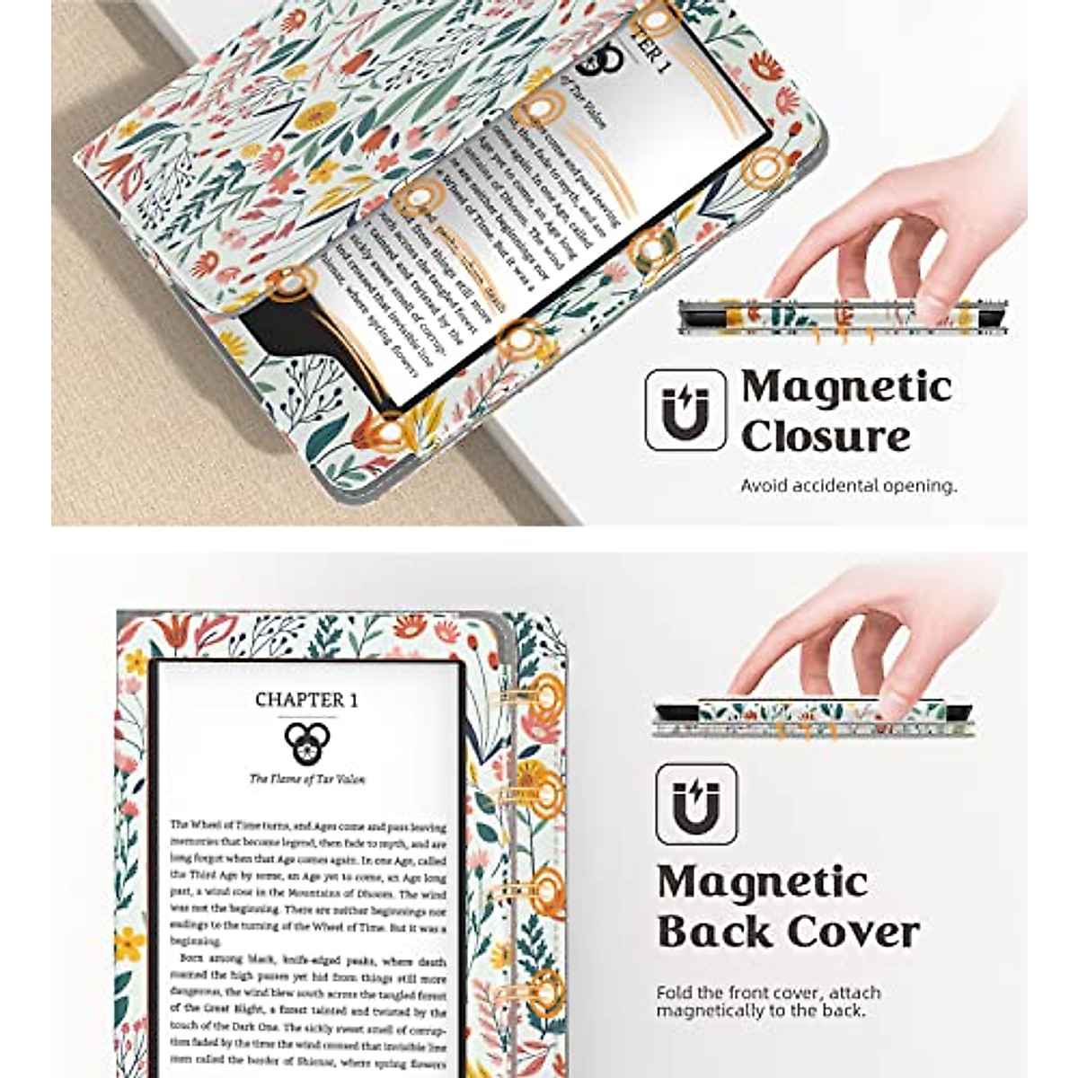 MoKo Case Fits All-New 6" Kindle (11th Generation, 2022 Release)/ Kindle (10th Gen,2019)/Kindle (8th Gen, 2016), Ultra Lightweight PU Shell Cover with Auto Wake/Sleep for Kindle 2022, Flowers