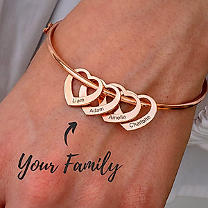 MyNameNecklace Personalized Bracelet Bangle with Up to 10 Heart Shape Pendants - Custom Made Multiple Pendant - Engraved Jewelry Gift for Women, Her- Gifts for Mother's Day, Christmas