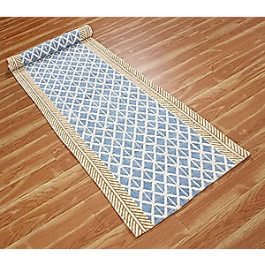 Casavani Indian Handmade Cotton Dhurrie Striped Blue & Brown Area Rug Boho Kilim Flat Weave Rug Indoor Hall Room Decor Carpet Throw Rugs for Bedroom Living Room Bathroom Balcony 8x10 Feet