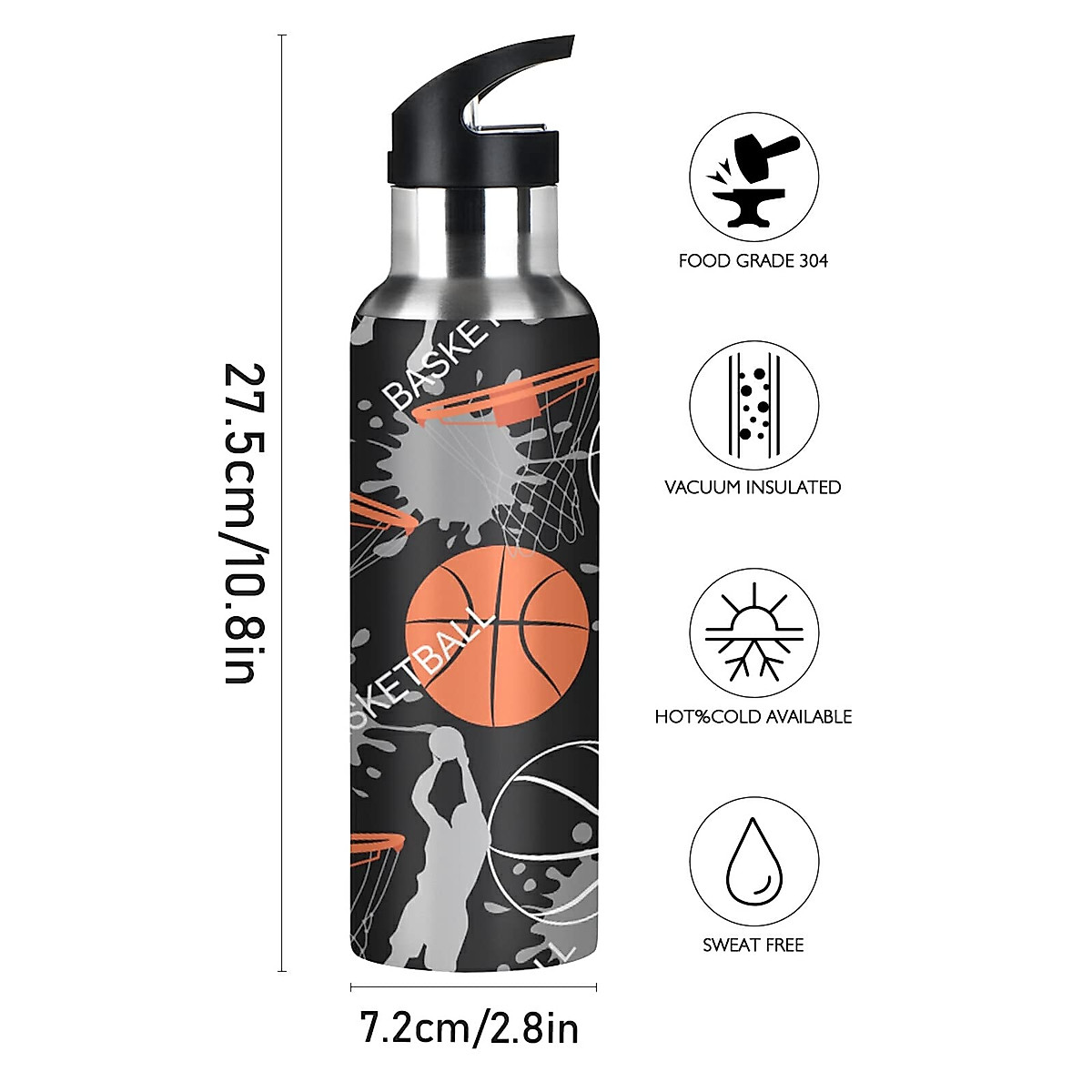 Basketball Football Sports Kids Water Bottle Thermos with Straw School Vacuum Insulated Stainless Steel Thermos Bottle Cup Leakproof Sport Travel Cup Mug Handle for Boys Man Women 20 OZ