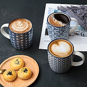 Set of 4 12 oz Coffee Mugs with Blue and White Geometric Patterns, Ceramic Tea Cup Set, Gift for Friends (Set 1)