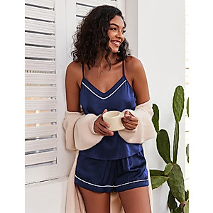 Ekouaer Satin Pajamas Women's Soft Sleepwear Lingerie Silk Cami Shorts Set Nightwear Navy,Small