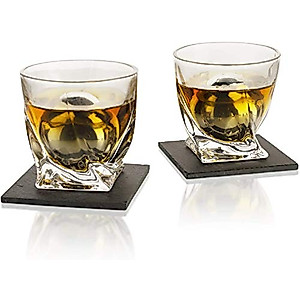 Whiskey Stones & Decanter Gift Set for Men & Women, By The Wine Savant, 2 XL Stainless Steel Whiskey Balls, 2 Twist Glasses, Whiskey Decanter, 2 Coasters, Freezer Pouch & Special Tongs in Pinewood Box