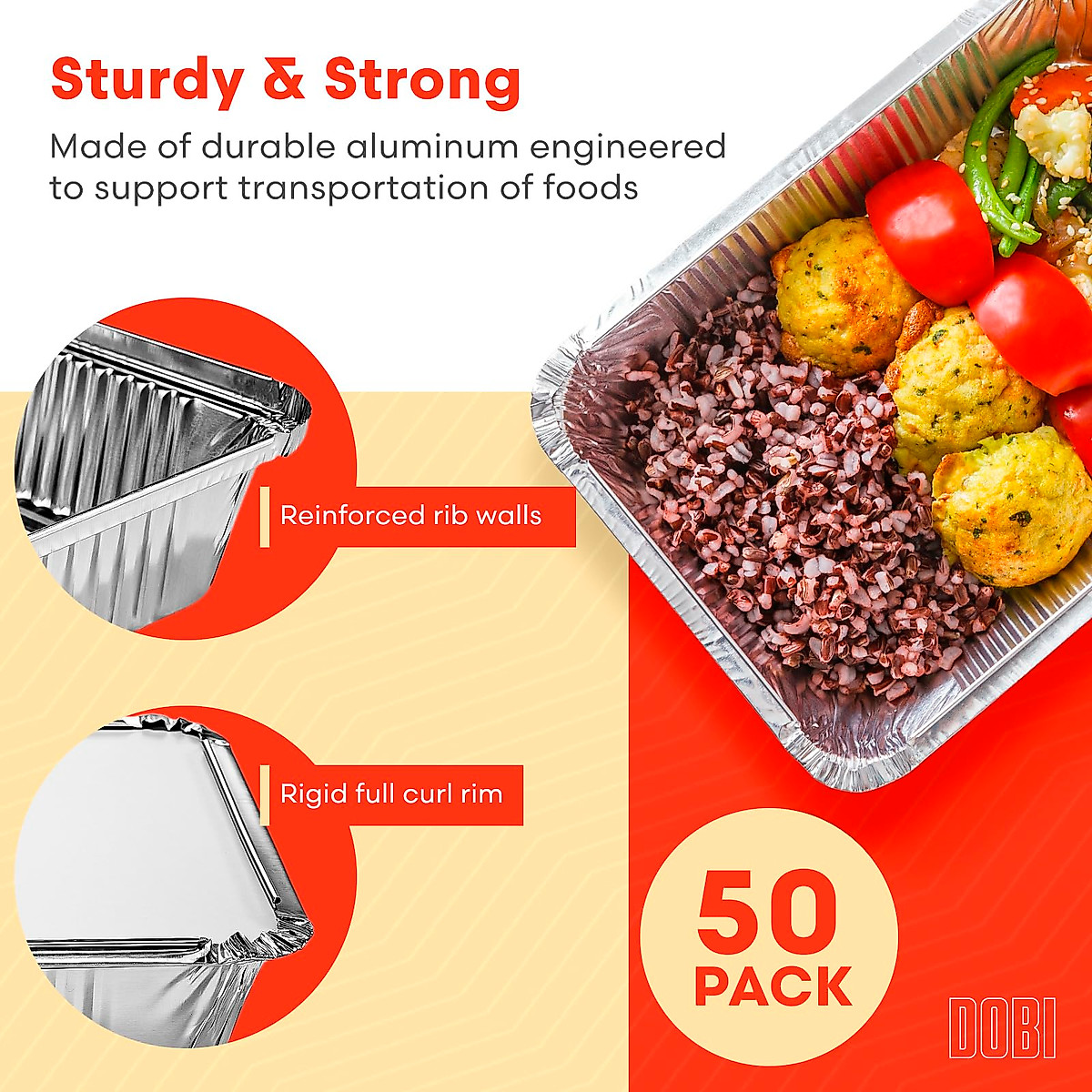 DOBI (50 Pack Small Takeout Pans - Disposable Aluminum Foil 1lb Take-Out Containers with Cardboard Lids, 5 1/2" x 4 1/2"
