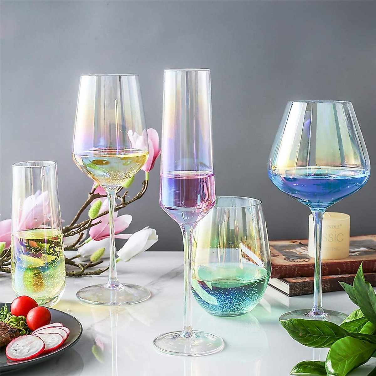 Gutsdoor Crystal Champagne Flutes Glass Set of 2 Iridescent Champagne Glass Flutes Wedding Christmas Valentine Cheers Champagne Flutes