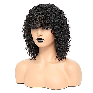 12" Short Curly Human Hair Wig with Bangs Curly Bob Wigs for Black Women Brazilian Human Virgin Hair Short Black Bob Wig with Bangs Human Hair Water Wave Wigs Glueless None Lace Wig Natural Color