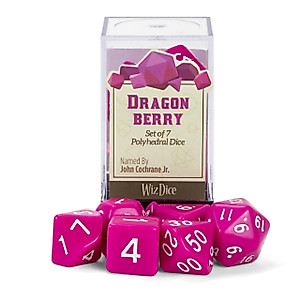 Wiz Dice Dragonberry Set of 7 Polyhedral Dice, Solid Neon Magenta Pink Tabletop RPG Dice with Clear Display Box