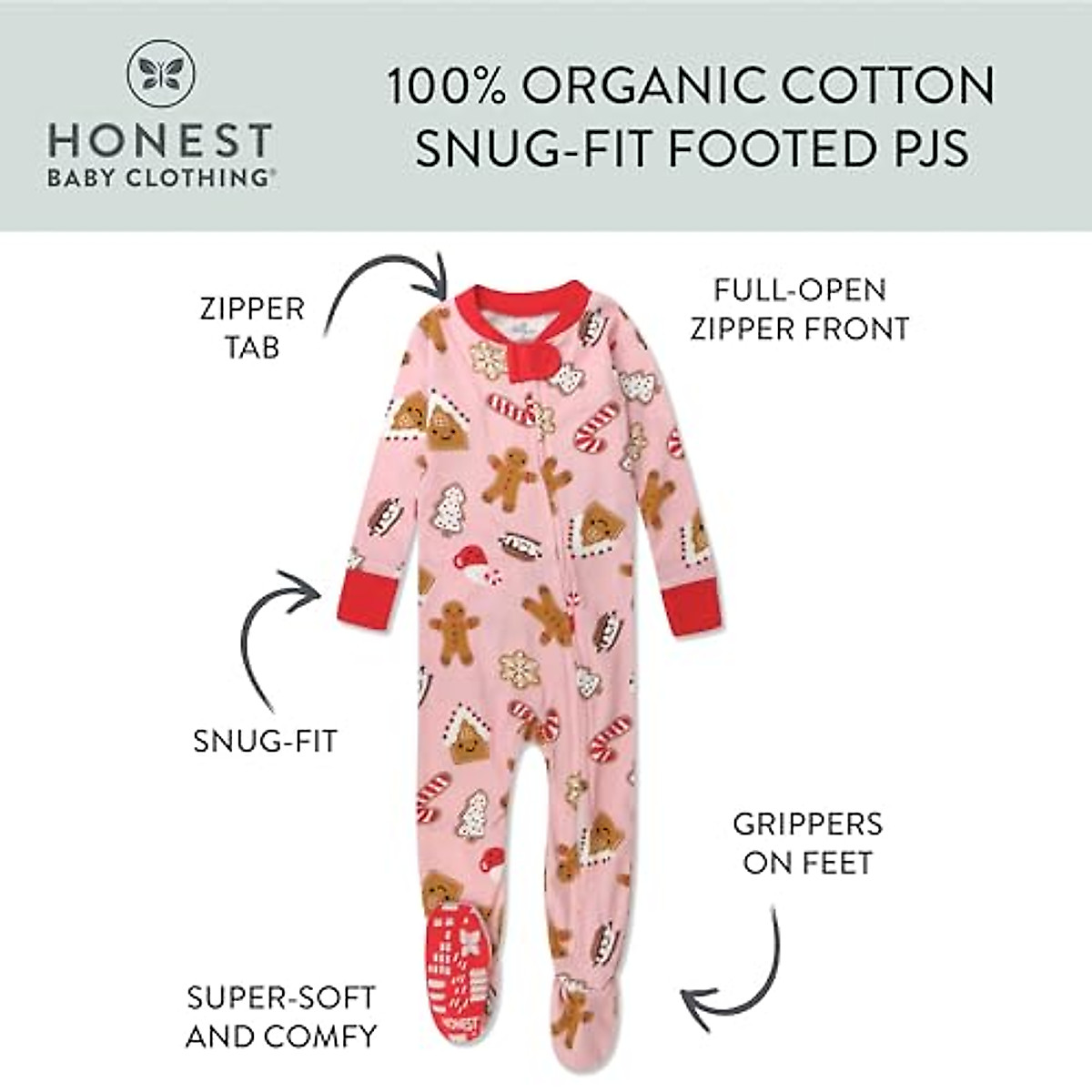 HonestBaby Baby Holiday Non-Slip Footed Pajamas One-Piece Sleeper Zip-Front Pjs 100% Organic Cotton, Gingerbread Pink, 18 Months