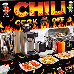 Tkifoda Chili Cook Off Decorations, 71" x 24" Chili Cook Off Banner, 3 Pcs Chili Pepper Plastic Tablecloth Table Cover 53" x 108", Mexican Fiesta Chili Cooking Party Supplies