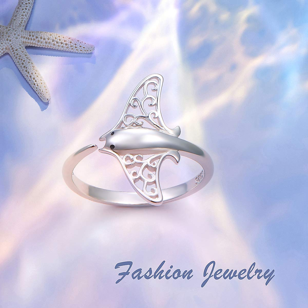 Ladytree S925 Sterling Silver Stingray Sea Animal Open Ring Manta Ray Tree of Life Adjustable Bypass Nature Ocean Ring,Size 7