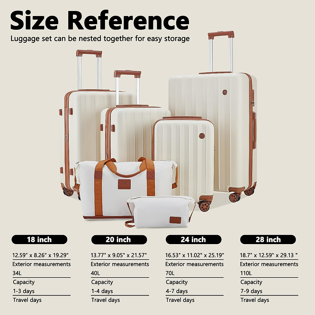 imiomo Luggage Sets 4 Piece Expandable Luggage Set, Hardside Carry on Suitcase with USB Port Cup Holder, Travel Luggage Suitcase with Spinner Wheels TSA Lock, White Brown