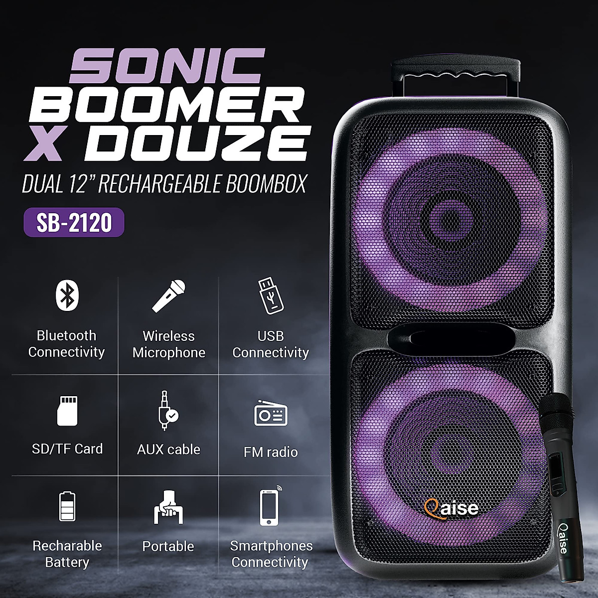 QAISE Portable Bluetooth Speaker & Karaoke Machine - Portable PA System with Wireless Mic, Professional Dual 10” Subwoofer with Lights, 7h Play time, 5000 Watts Peak Power - SonicBoomer X-BASS