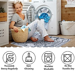 CAREMEE Machine Washable Area Rug 3x5 Tribal Entryway Mat Vintage Distressed Rug Indoor Low Pile Thin Rug Cozy Non Slip Foldable Area Rug for Living Room Bedroom Dining Room Grey