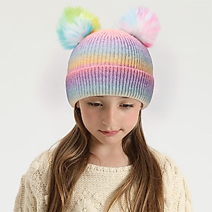 ACTLATI Kids Winter Knitted Beanie Hat Colorful Pompom Ears Ski Hat for Boy Girl(Ages 7-12)