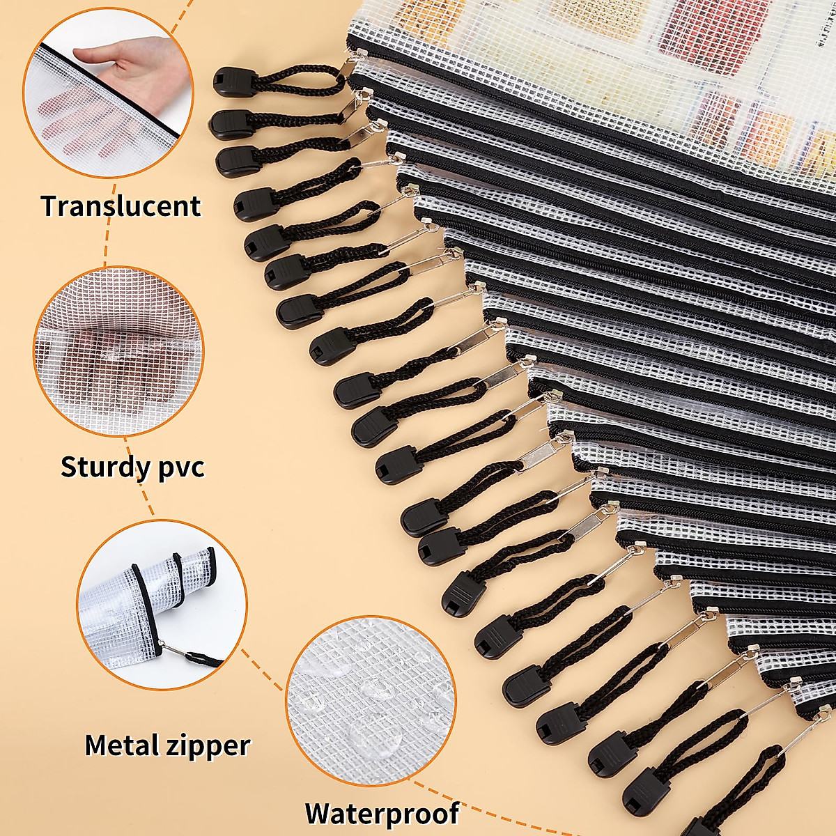 EOOUT 24pcs Mesh Zipper Pouches, A3 Size Waterproof Black Zipper Bags, Water-Resistant Plastic Document Pouch for School Office Supplies, Puzzles & Games Organizing Storage