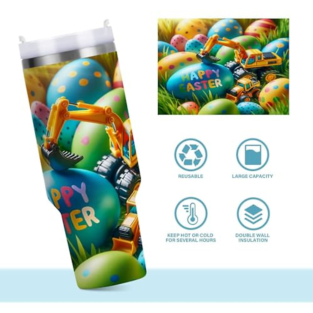 Maunzc 30 oz Tumbler with Handle and Straw, Insulated Stainless Steel Travel Mug with Lid for Coffee, Iced Tea, Water, Gift for Men Women (Easter Eggs in Grass)