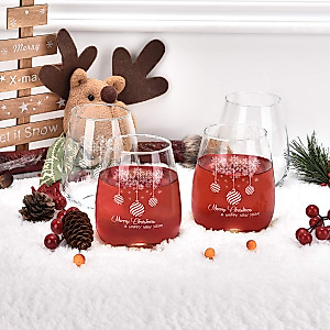 Merry Christmas Stemless Wine Glass Set for Women Friends, Christmas Idea for Mom Wife Girlfriend Sister Wedding Birthday Party, Set of 4