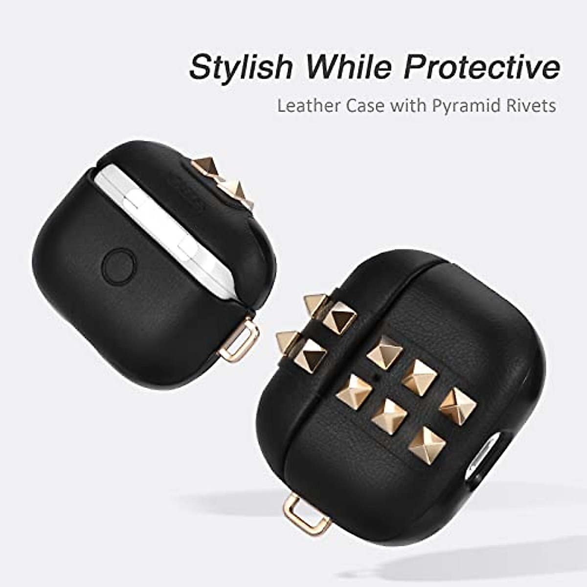 Nereides Compatible with AirPods 3 Case, Protective Leather Cover with Keychain, High-end Fashion Design Skin with Bling Rivets for Women, Supports Wireless Charging, Black