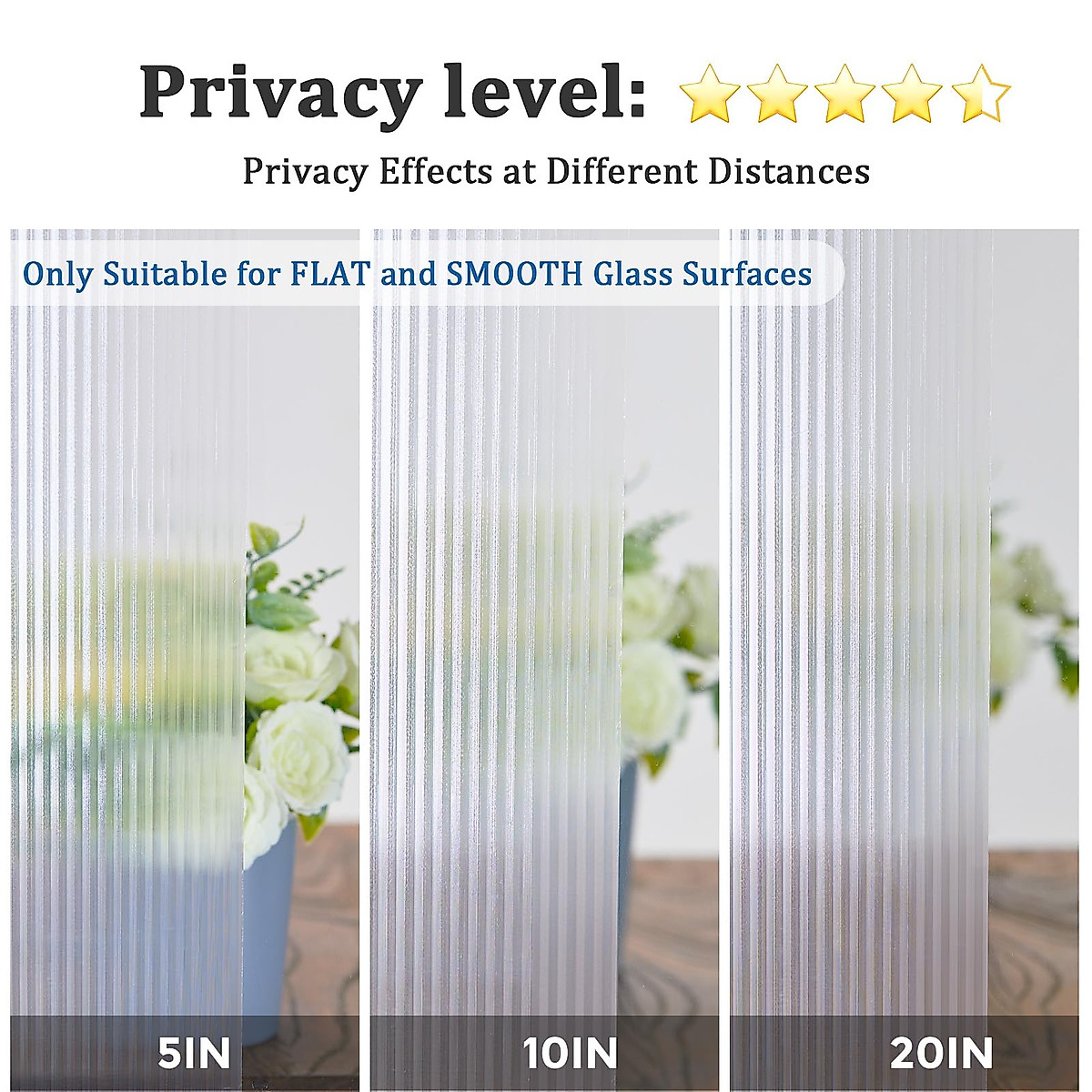 Windimiley Window Privacy Film Reeded Glass Window Clings Frosting Fluted Glass Window Stickers Frosted Bathroom Static Cling Heat UV Blocking Window Tint Decorative Window Coverings, 17.5x78.7 Inch