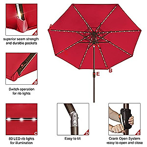 EliteShade USA 10-Year-Non-Fading Sunumbrella Solar 9ft Market Umbrella with 80 LED Lights Patio Umbrellas Outdoor Table Umbrella with Ventilation, Logo Red