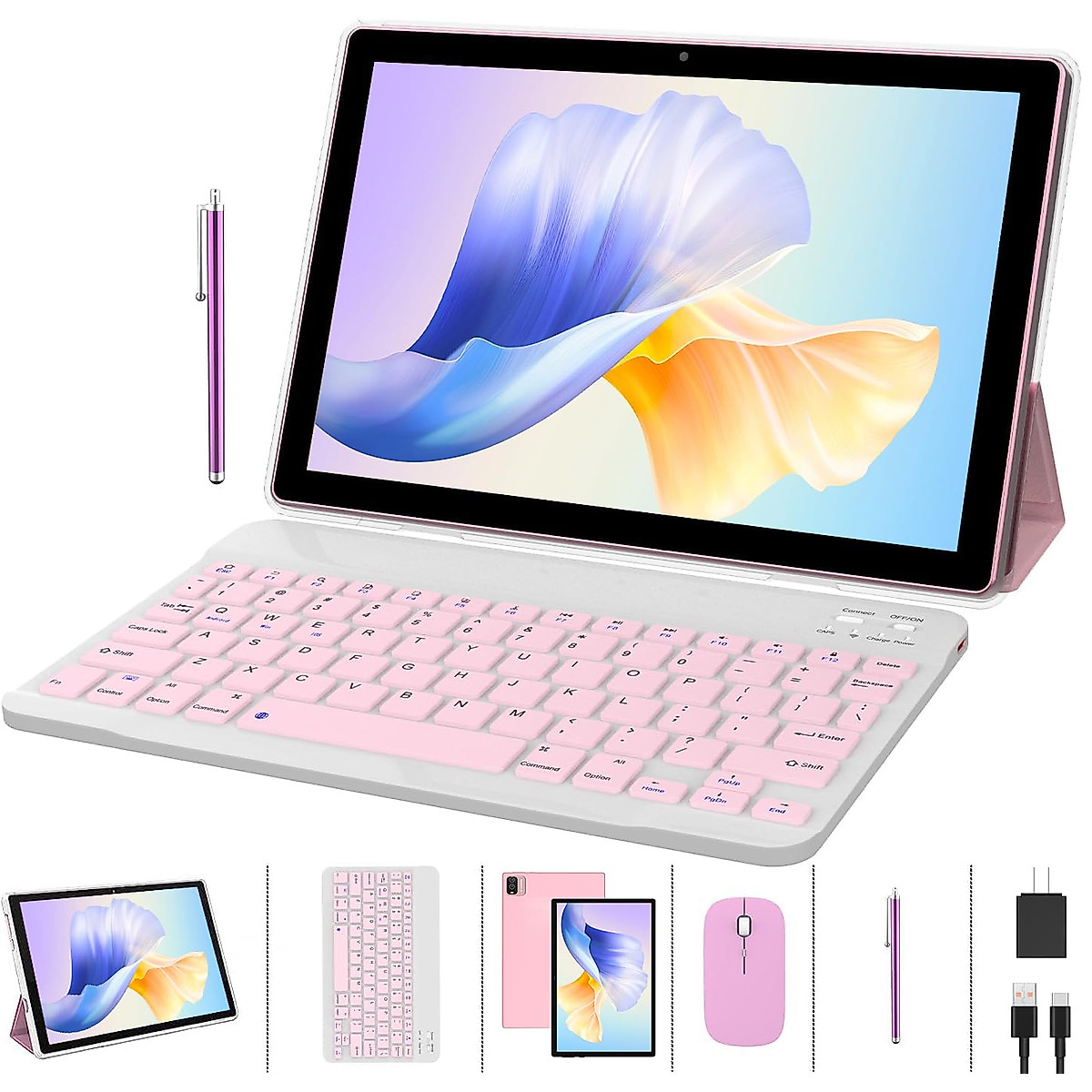 2 in 1 Tablet with Keyboard Case Mouse Stylus Pen Film, 10 inch Tablet Android 11.0 Tablets PC Set, 4GB RAM+64GB ROM Tableta Computer 10.1" IPS Screen 8MP Dual Camera WiFi BT Google Play Tab Pink/Girl