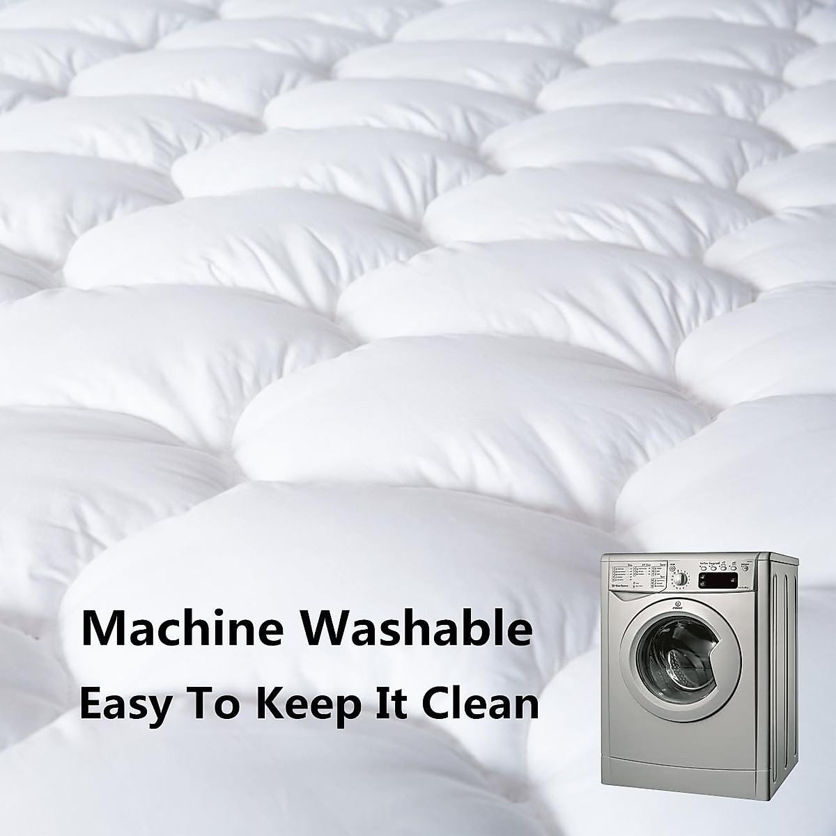 JURLYNE Mattress Pad Queen Size, Quilted Fitted Mattress Cover, Pillow Top with Fluffy Breathable 5D & 7D Spiral Fiber Filling, Cooling Mattress Topper Cover, Protector, White