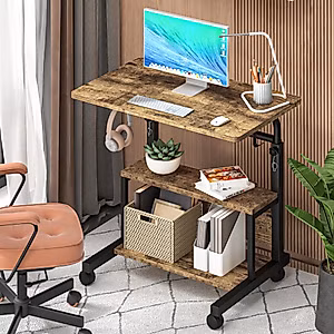 Autex Portable Desk with Storage Shelves, Height Adjustable Desk with Wheels, Small Rolling Desk with Hooks, Standing Desk on Wheels for Home Office, Mobile Computer Table for Small Space