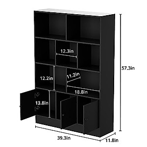 Anystyle Black 10 Cube Bookshelf, 4-Tier Bookcase Storage Cabinet with 3 Doors for Bedroom, Living Room