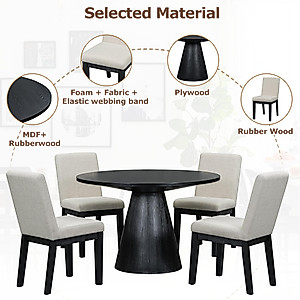 Merax 5-Piece Round Dining Table Set with 4 Upholstered Chairs, Retro Style Kitchen Dining Table for Dining Room, Kitchen Furniture Set for Family (Black)