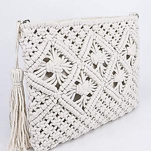 QTKJ Women's Summer Beach Straw Crochet Clutch Bag Woven Envelope Tassel Bag with Zipper (White)