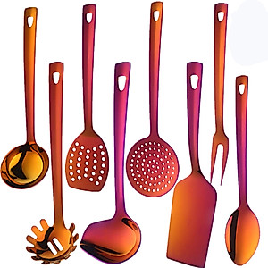 QOBIMOON Stainless Steel Kitchen Utensil Set -8 Cooking Utensils, Colorful Titanium Plated Set Kitchen Tools Gadgets Cake Shovels/Plain Spatula, Potato Masher, Spoon, Slotted Spoon-Red