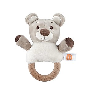 Donty-Tonty Premium Wood Baby Teether Rattle Toy Easter Gift Animals Soft Plush Shaker Toy with Natural Wooden Teething Ring Perfect Toddler, Newborn Boy, Girl Gifts for 0 3 6 9 12 Months - Grey Bear