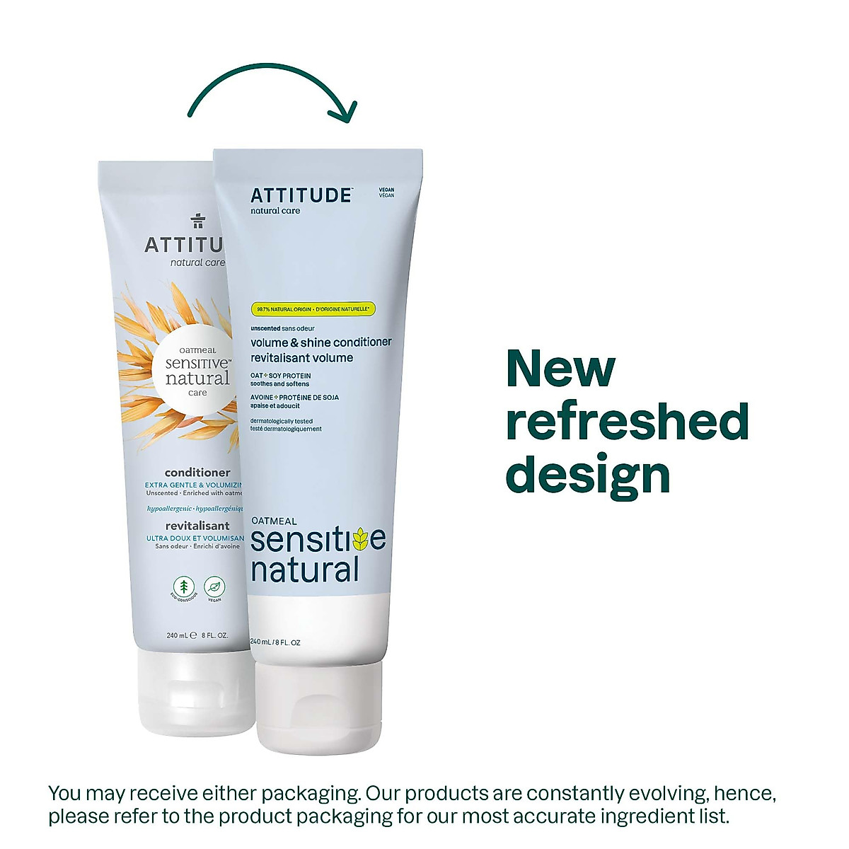 ATTITUDE Hair Conditioner for Sensitive Dry Scalp, Soothing Oat, Naturally Derived Ingredients, Dermatologically Tested, Vegan Detangler, Extra Gentle, Unscented, 8 Fl Oz