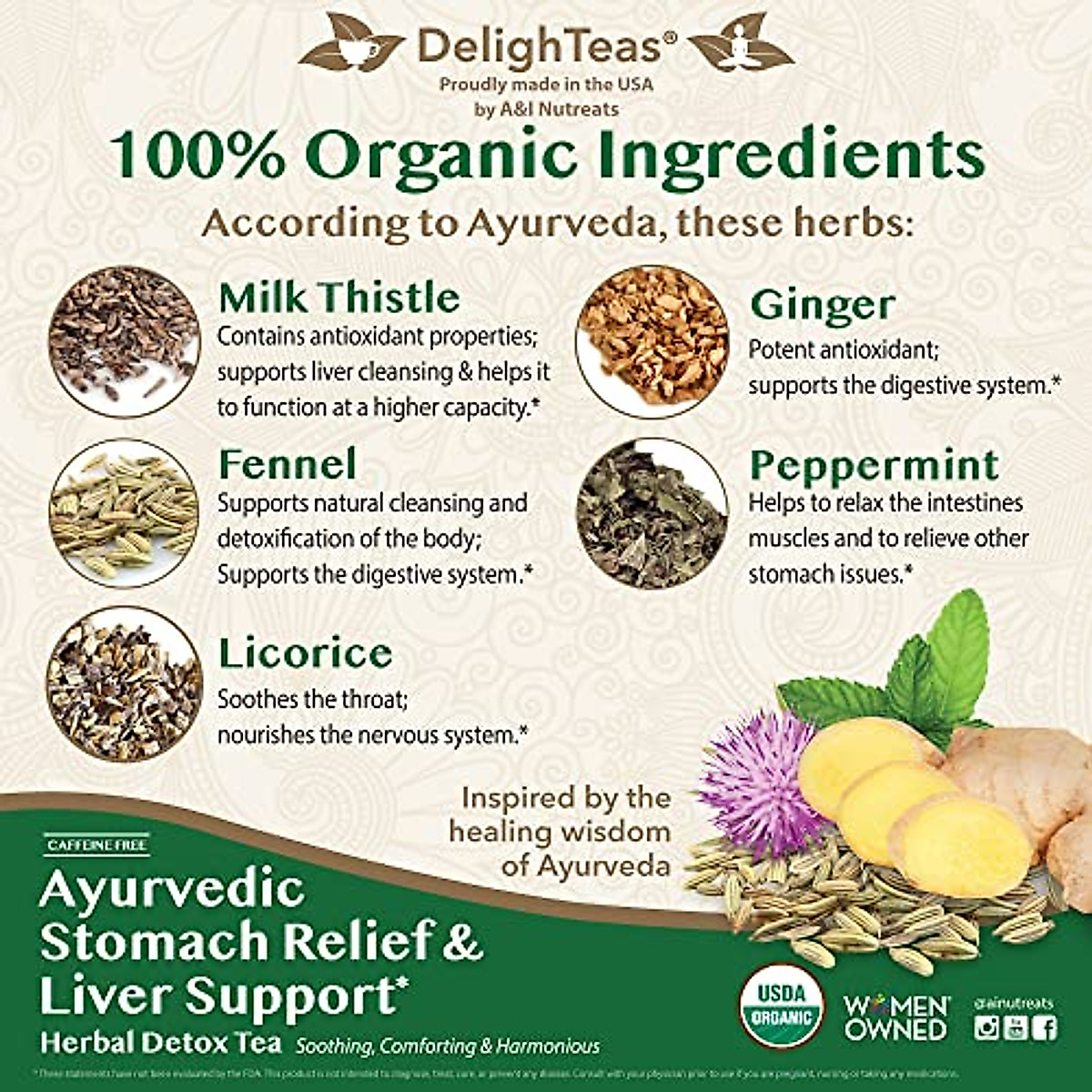 DelighTeas Liver Detox tea | Stomach Relief & Liver Cleansing | Ayurvedic Loose Leaf Milk Thistle, Fennel, Ginger Tea for Digestion | USDA Organic, Vegan, Caffeine Free, Sugar Free | 50 Servings, 5oz